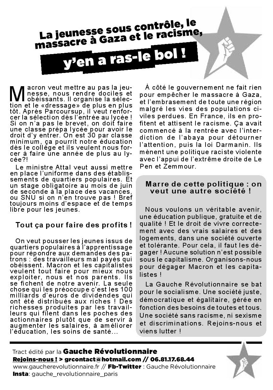 La jeunesse sous contrôle, le massacre à Gaza et le racisme, il y en a ...